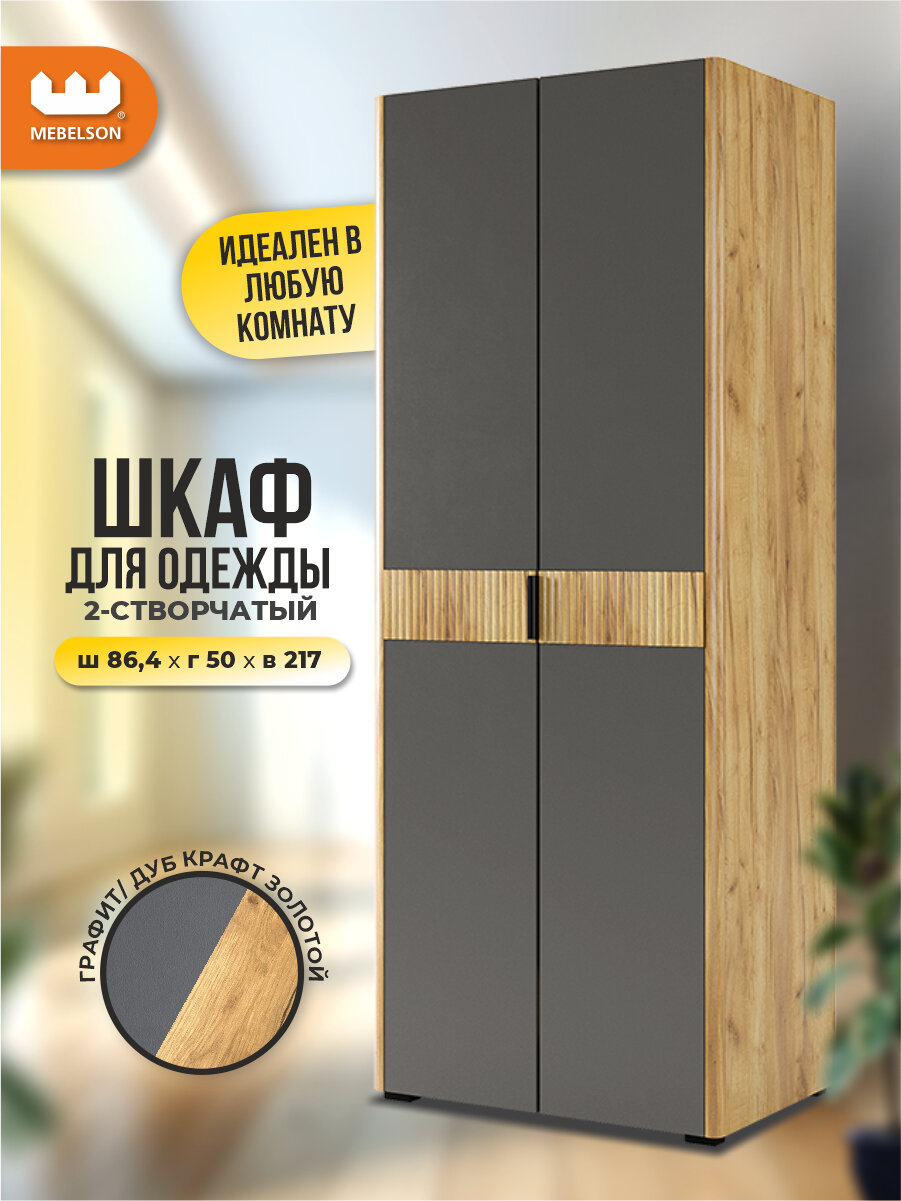 Двухдверный распашной шкаф Адам с доводчиками, дуб крафт золотой/графит, Mebelson