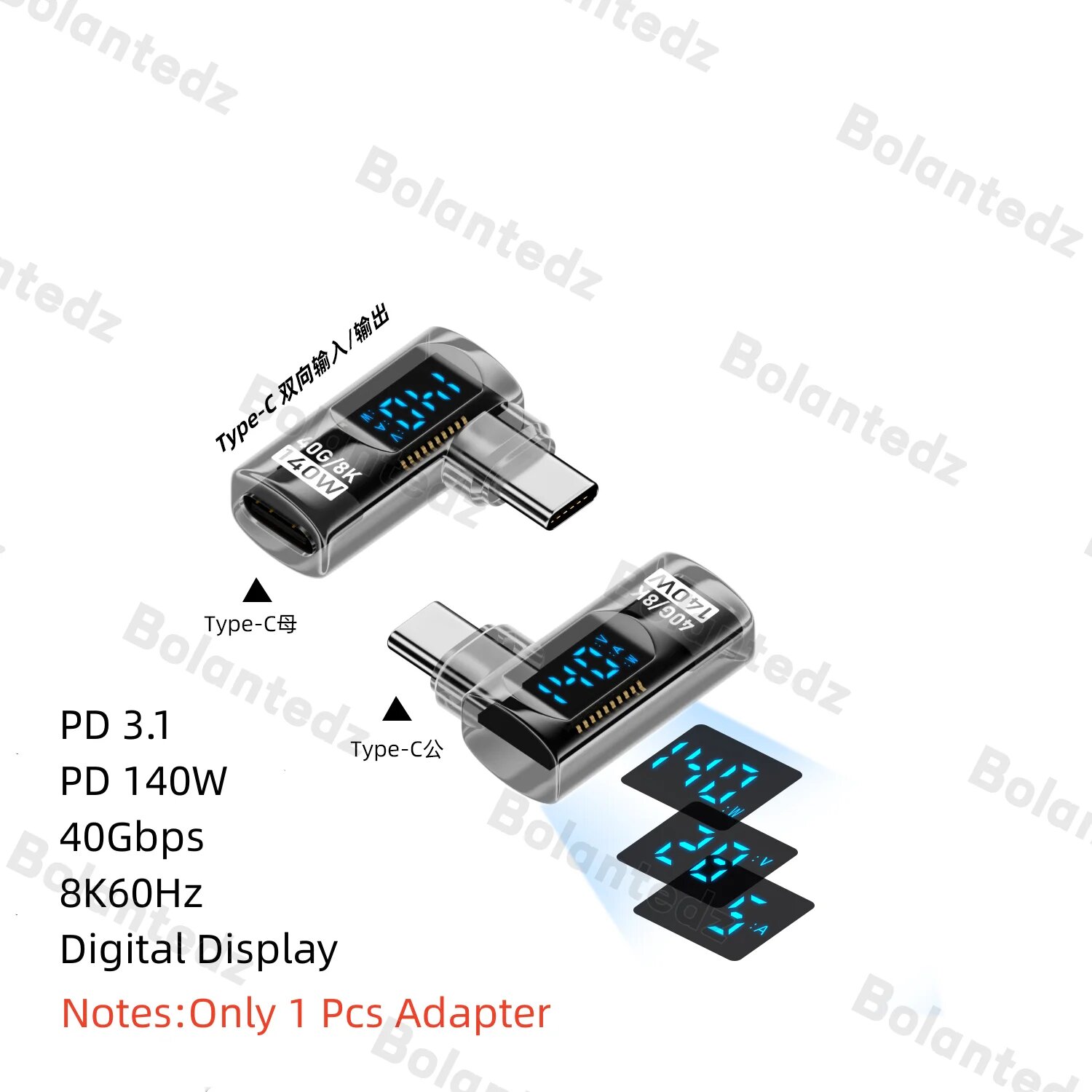 90° USB C адаптер, 40 Гбит/с, PD 140W, 8K60Hz, Color: 90D Transparent
