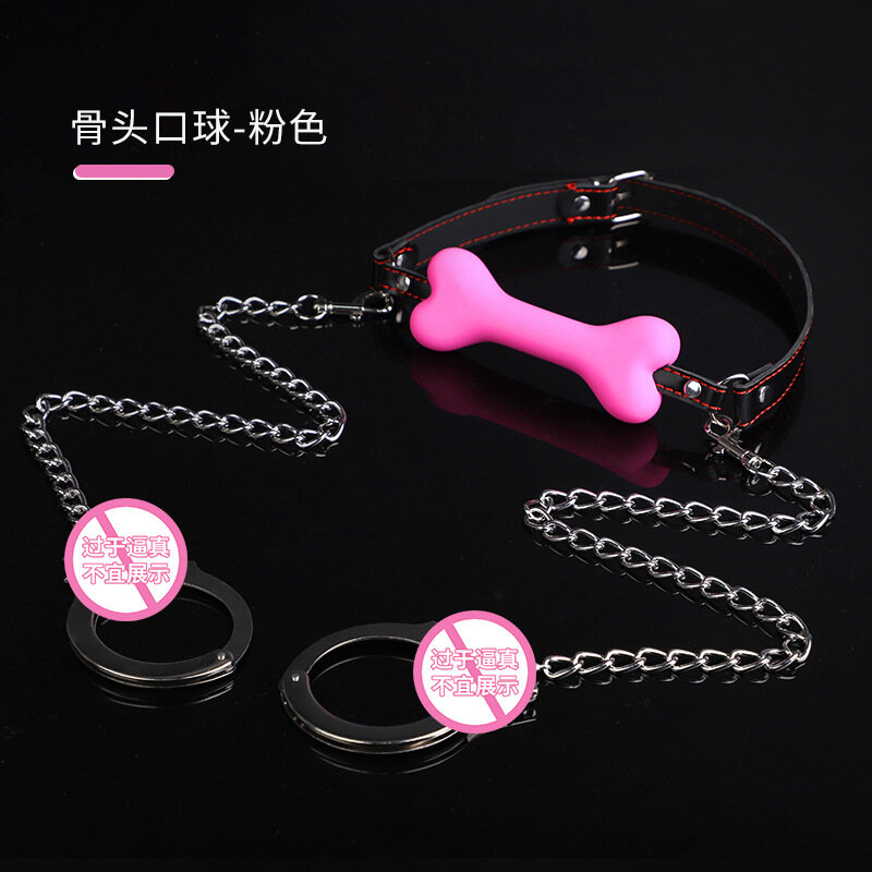 Съемный набор наручников из силиконового реквизита для секса Розовый костяной кляп + съемные наручники.