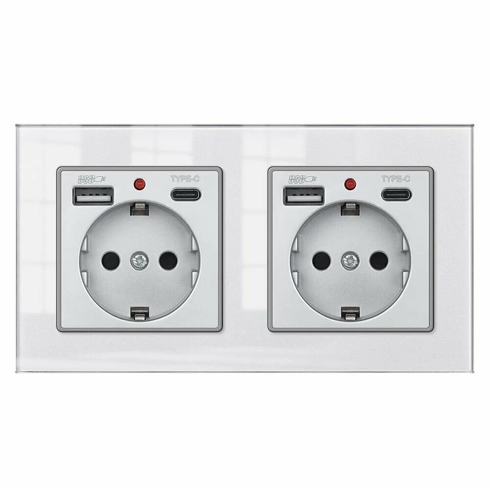 Розетка электрическая 2 поста, с Usb/Type-C АC, рамка 153х82мм стекло, цвет серебристый