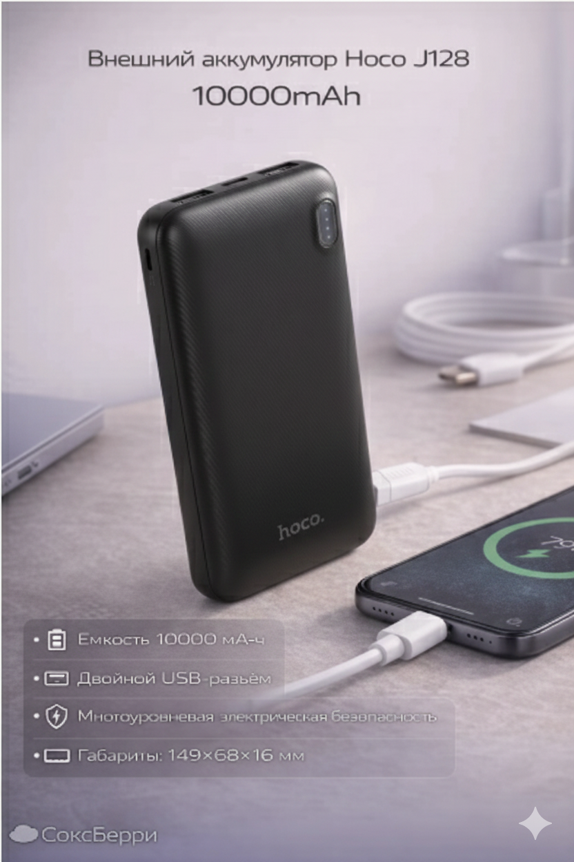 Внешний аккумулятор Hoco "J128", 10000мАч, LiPol, 2А, 5В, 2 порта USB, черный