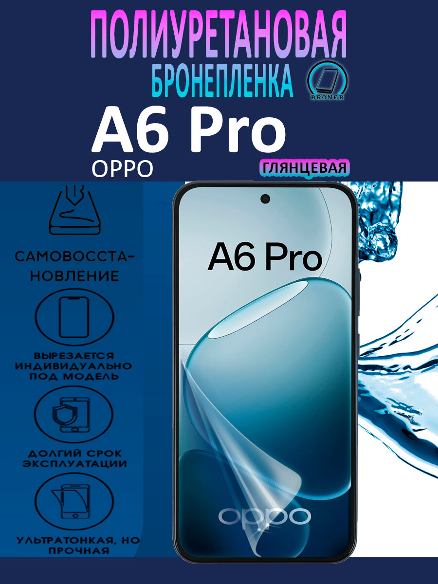 Полиуретановая бронепленка для OPPO A6 Pro / Защитная плёнка на экран, совместима с чехлом, с вырезом под камеру / Глянцевая