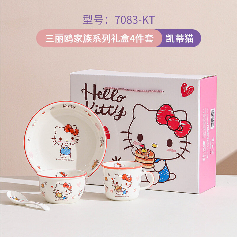 Керамическая миска Sanrio Hello Kitty, детская посуда, набор мисок и тарелок, палочки для еды, ложка, свободное комбинирование