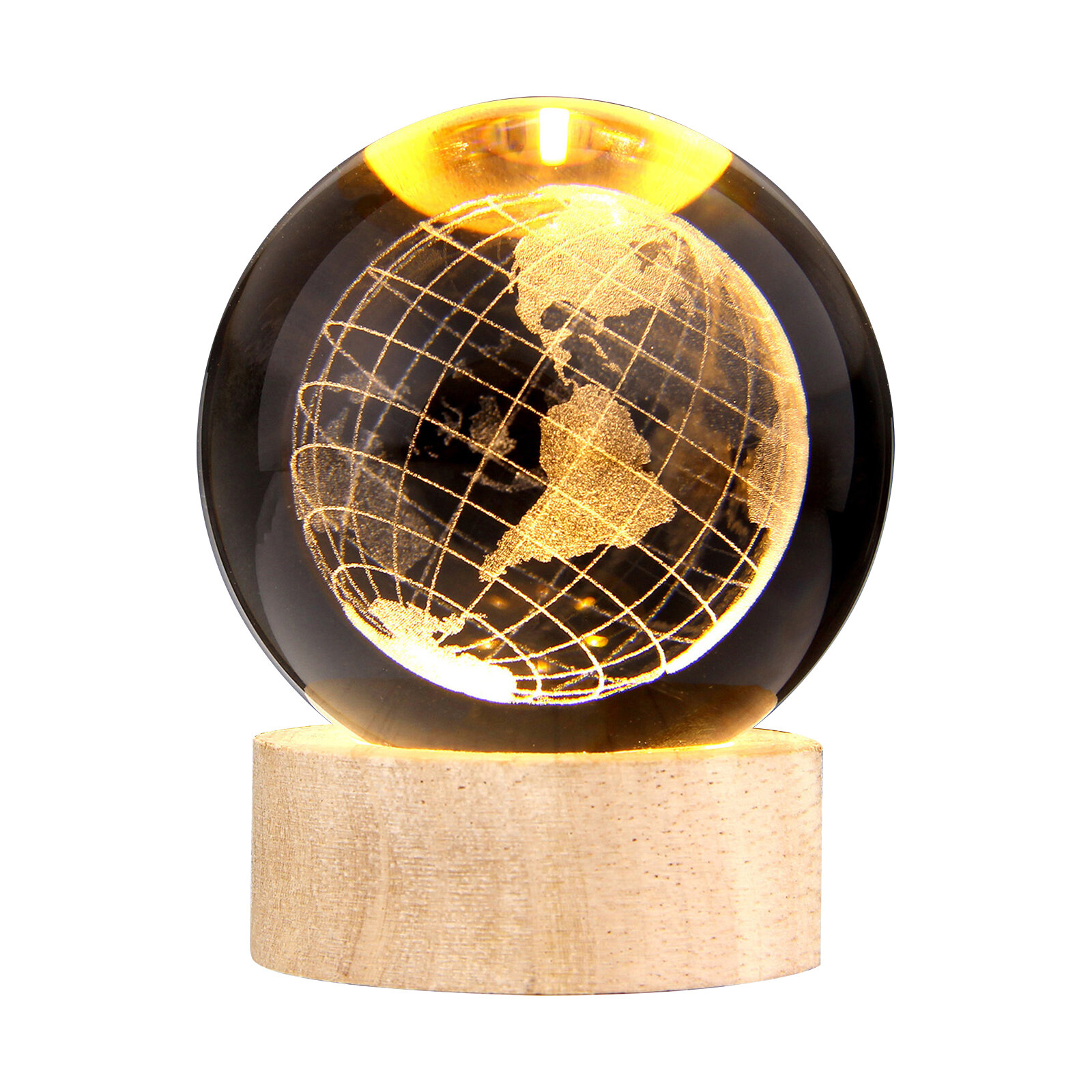 3D Кристаллическая Шар с Теплым Светом Деревянная Основа Маленький Ночник Настольная Декоративная Орнаменты Праздничный Подарок USB Плаг и Плей, Материал: Кристалл, Дерево, Стиль Кристаллической Шары: Кольцевая Солнечная Система, Солнечная Система,