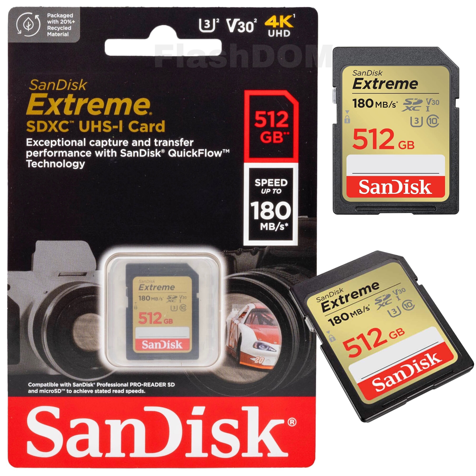 Карта памяти SanDisk Extreme SDXC 512 ГБ Class 10 UHS-I U3 V30 (R/W 180/130 Mb/s)