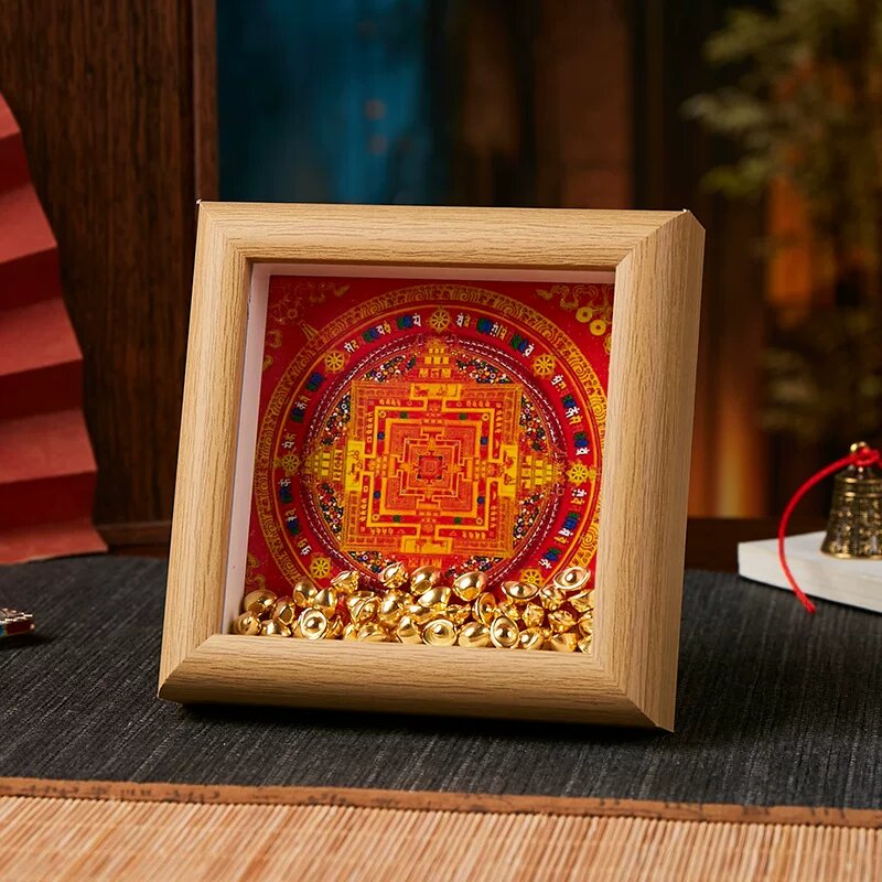 Тибетская мандала художественная рамка, 10x10 см, кофейный оттенок, орнамент в виде монеты, декоративная настенная