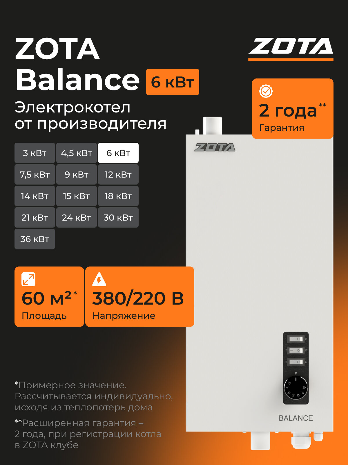 Котел электрический отопления ZOTA Balance V2 6 кВт (до 60 м2) Настенный, одноконтурный электрокотел отопления
