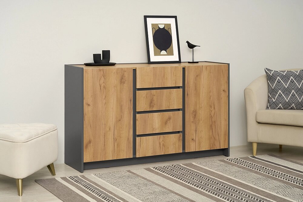 Комод для одежды и вещей 4 ящика, 2 двери, 1400 мм, Остин, 140х84х40 см, ЛДСП, МИФ, Графит / Дуб крафт