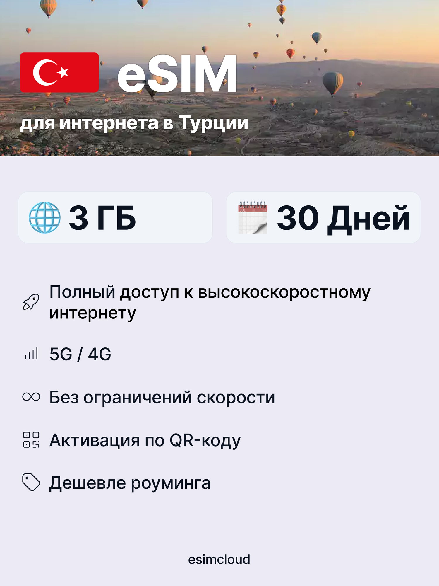 ESIM для Турции 3 ГБ / 30 дней • Мобильный интернет • Универсальная eSIM • 4G LTE / 5G • Смартфон и планшет