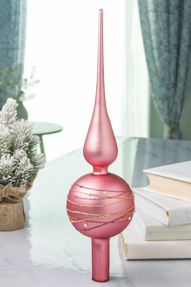 Ёлочная верхушка мерцающий орнамент, розовый бархат, матовая, стекло, 31 см, Kaemingk 173332-1