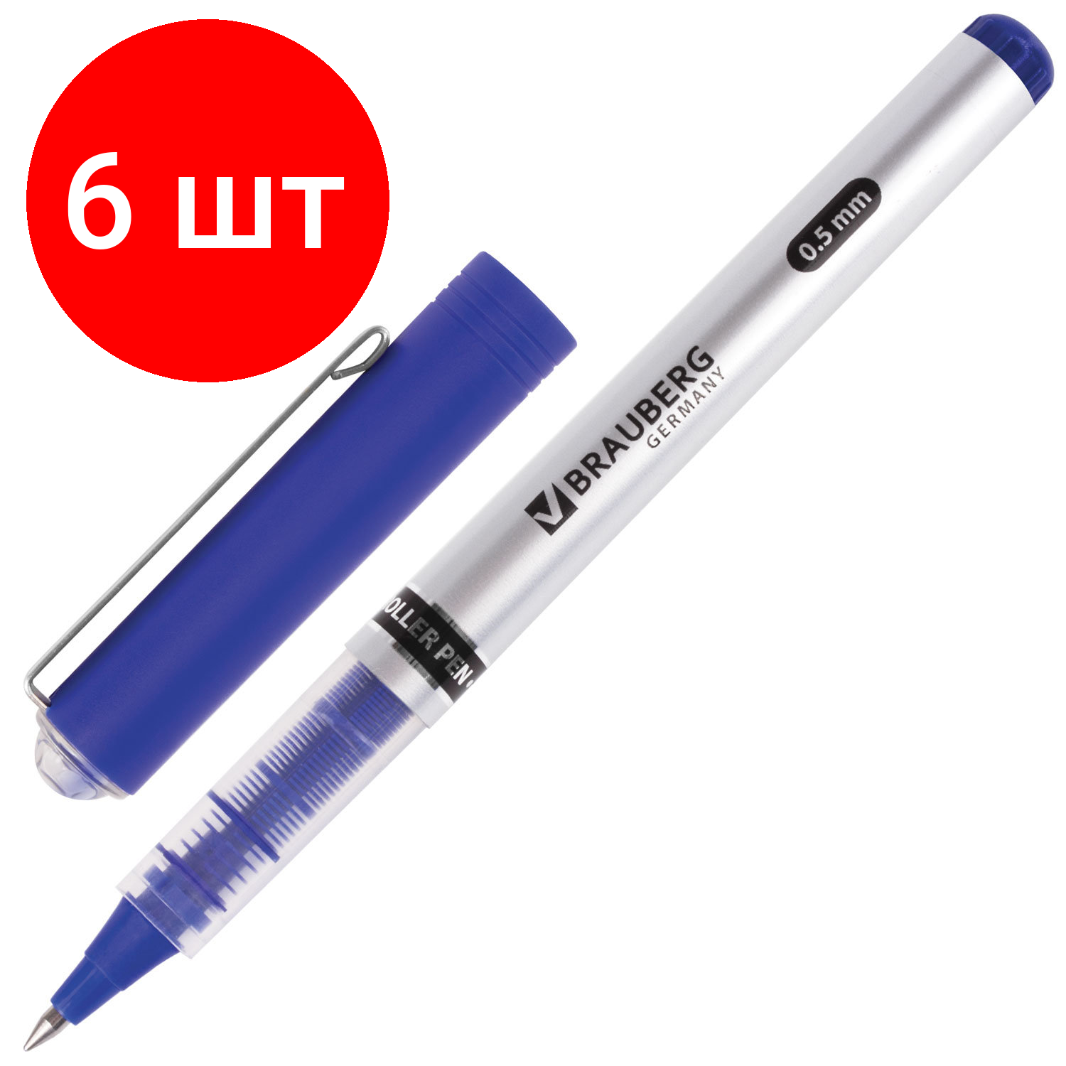 Комплект 6 шт, Ручка-роллер BRAUBERG "Flagman", синяя, корпус серебристый, хромированные детали, узел 0.5 мм, линия письма 0.3 мм, 141556