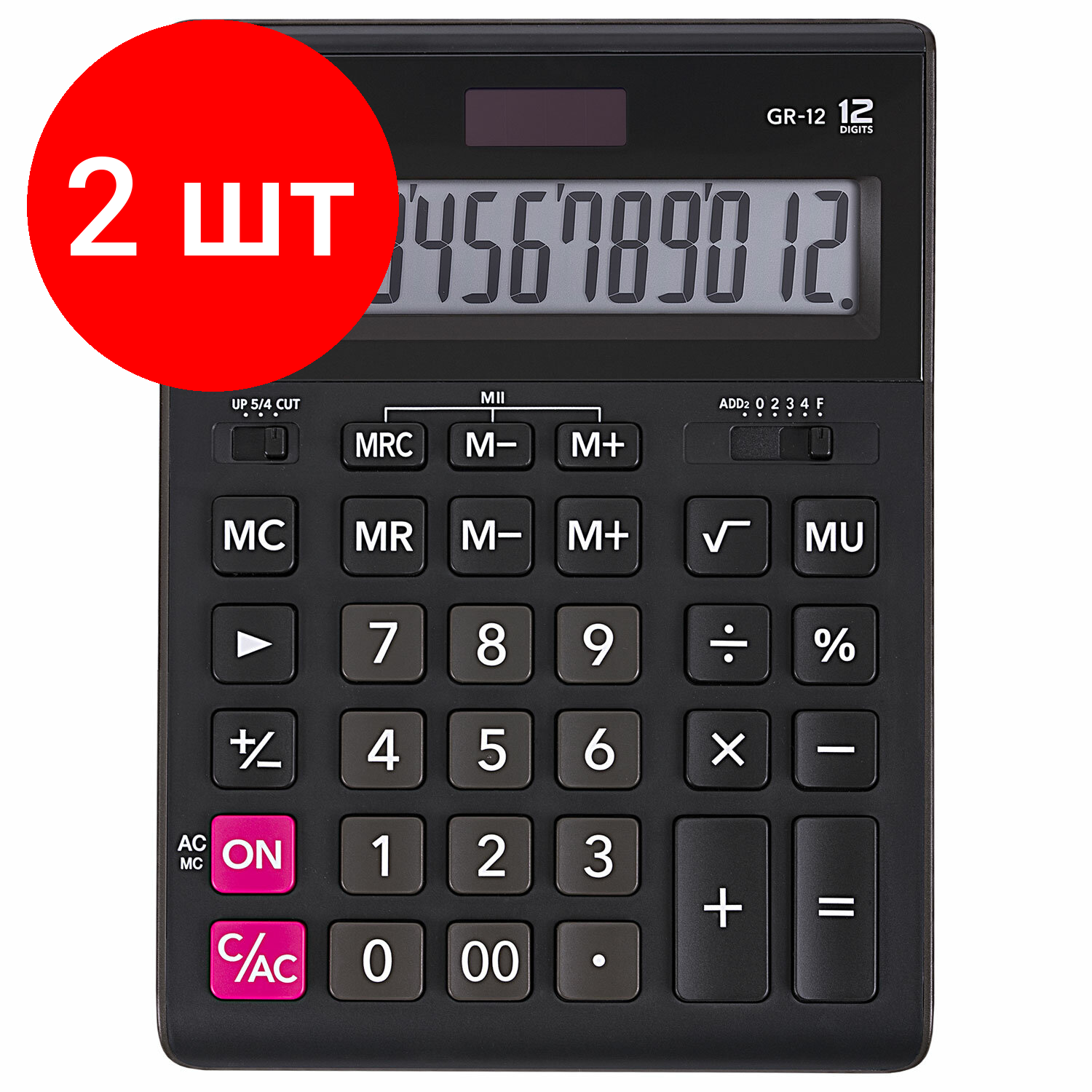 Комплект 2 шт, Калькулятор настольный CASIO GR-12-W (209х155 мм), 12 разрядов, двойное питание, черный, европодвес, GR-12-W-EP