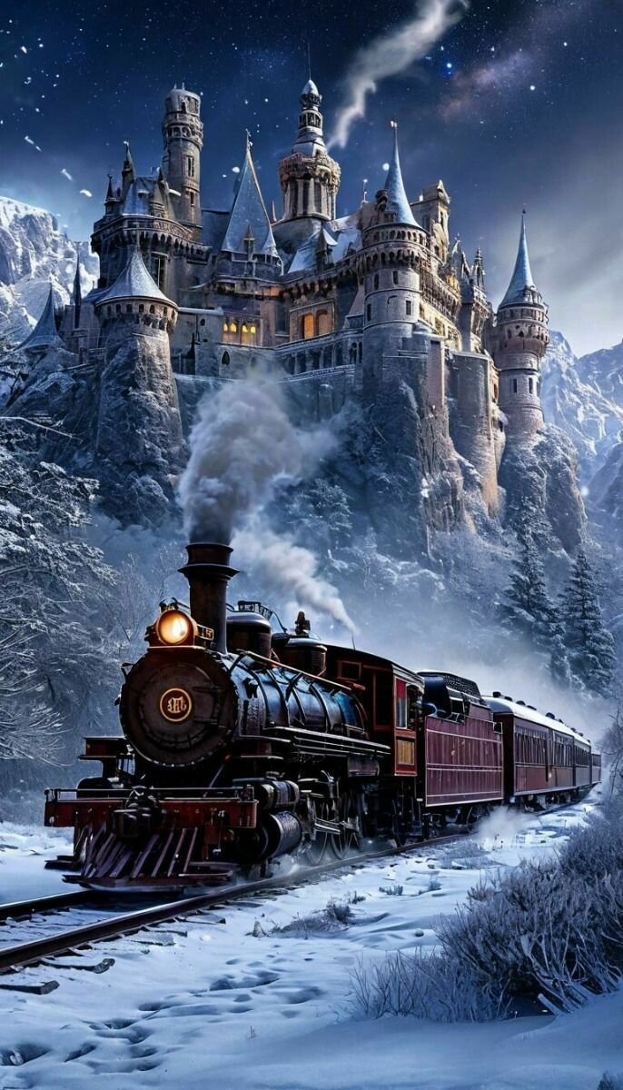 Алмазная живопись "Гарри Поттер: Хогвартс, поезд и замок", 5D, круглая, 40x50 см. Производитель: Boze Art.