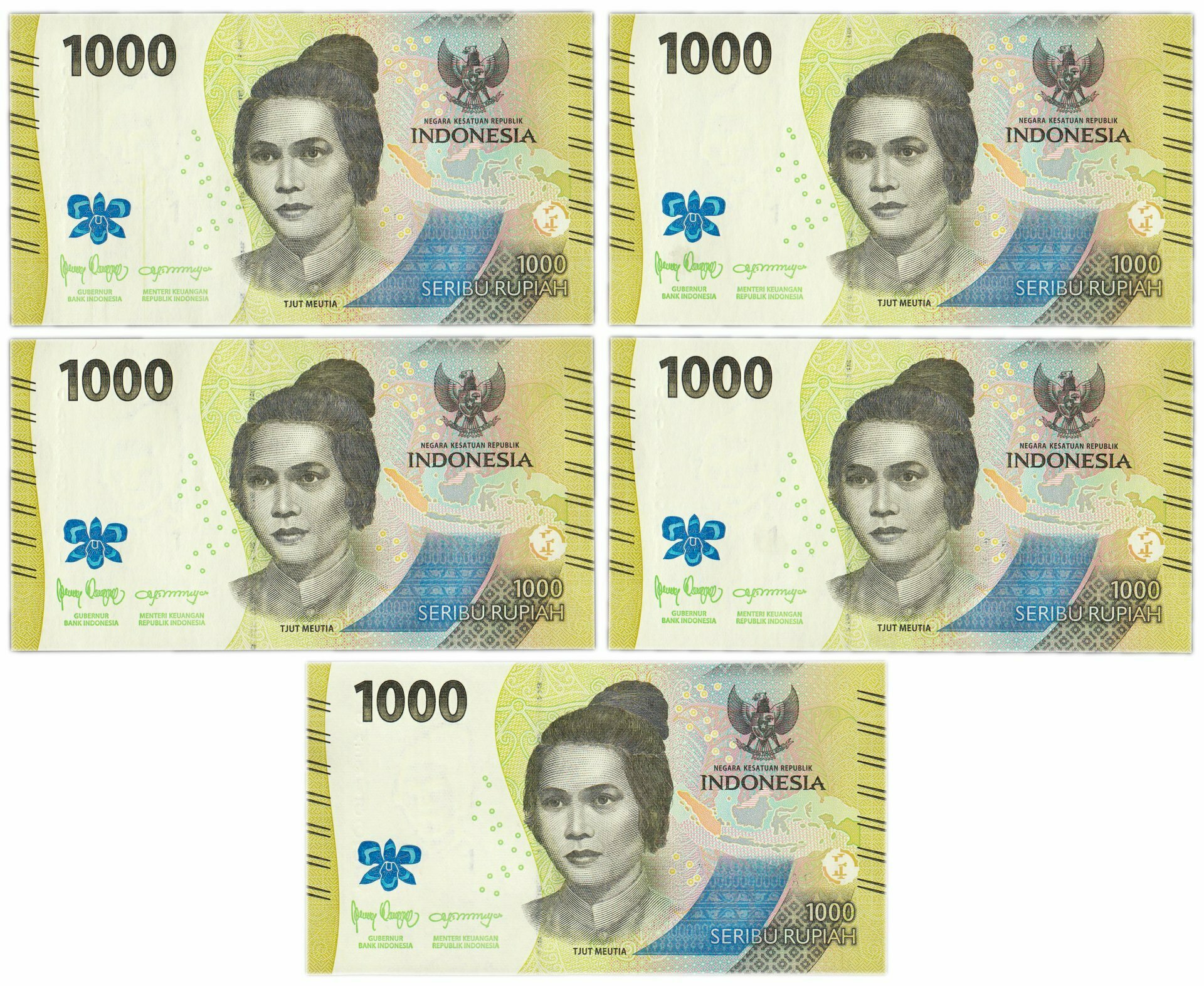 Индонезия 1000 рупий 2022 Pick 162 5 банкнот с одинаковыми номерами разных серий
