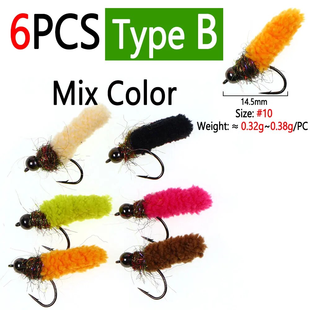 6 шт. мушки Fly Caddis Larva, Mix Color B