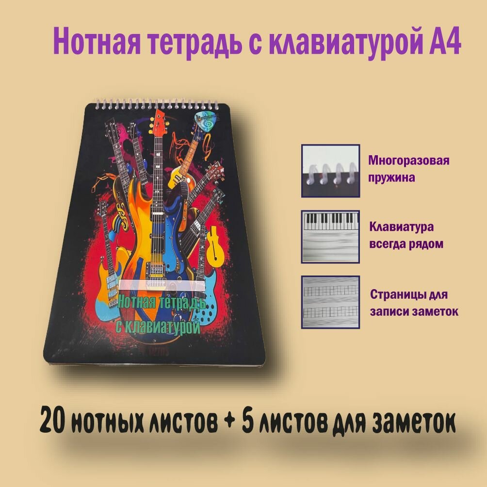 Нотная тетрадь "A4", с клавиатурой, в клетку, 20 л. с клавиатурой + 5 л. для заметок