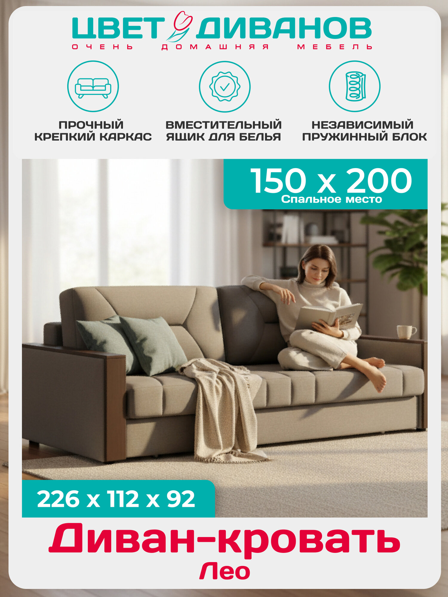 Раскладной диван-кровать прямой двуспальный в гостиную, еврокнижка Лео с ортопедическим матрасом, Цвет Диванов