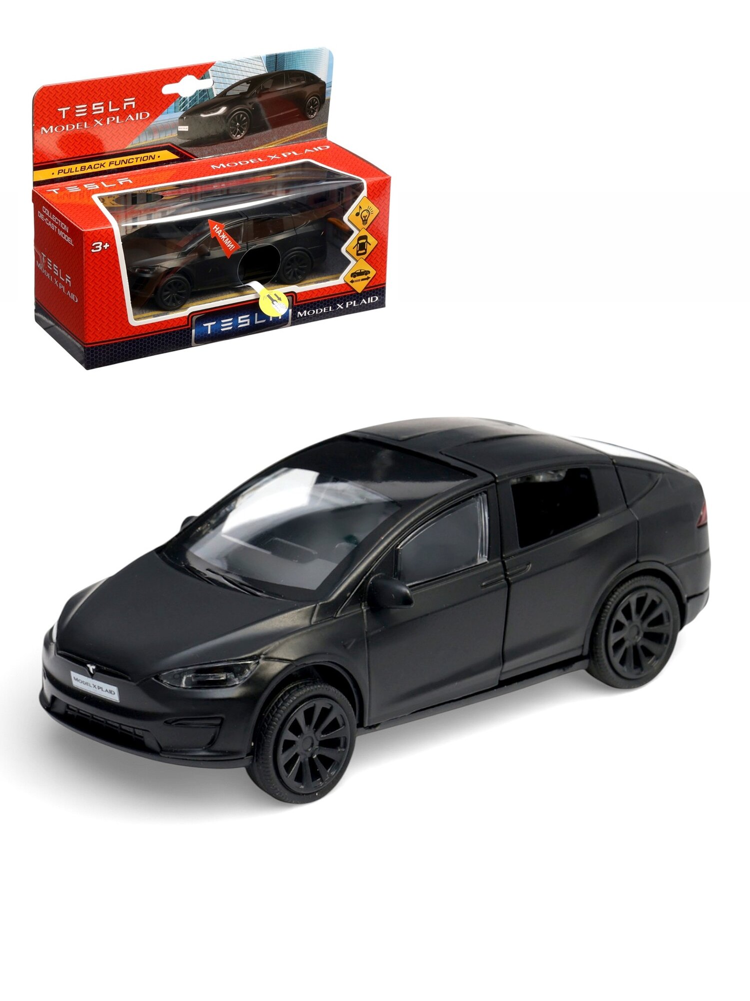 Машина металл. "Tesla Model X Plaid", 12 см, свет-звук, двери, инерц, черный мат. MODELX-12SLMAT-BK