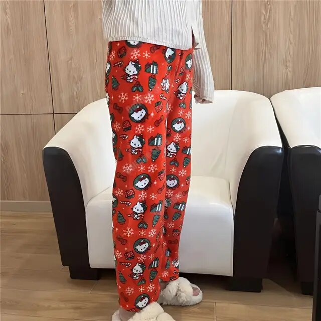 Новые очаровательные осенние пижамные штаны Hello Kitty Batman в стиле Y2K, теплые повседневные фланелевые штаны для женщин в стиле хип-хоп, плюшевая стильная одежда.