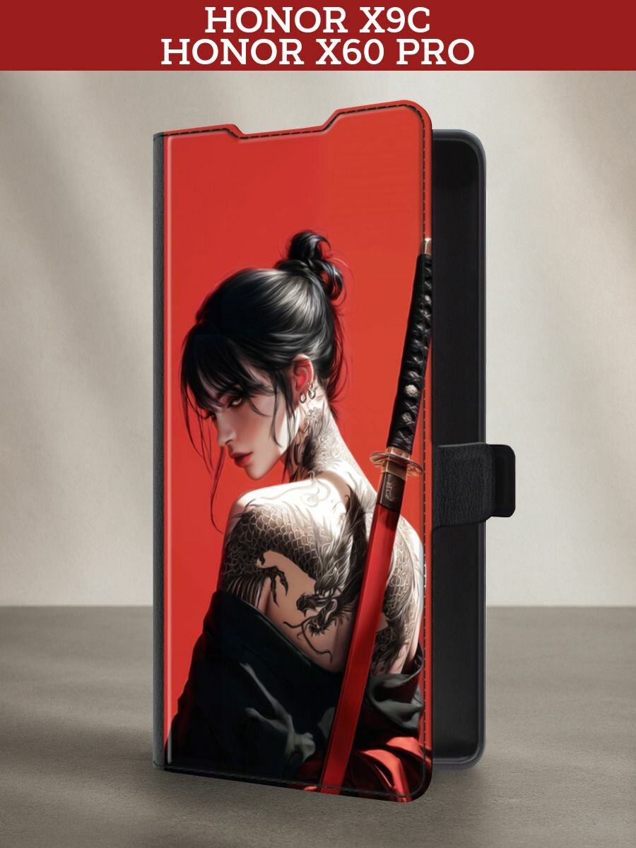 Чехол-книжка на Honor X9C/Honor X60 Pro / Хонор Х9С/Хонор Х60 Про с принтом Девушка самурай с катаной, черный