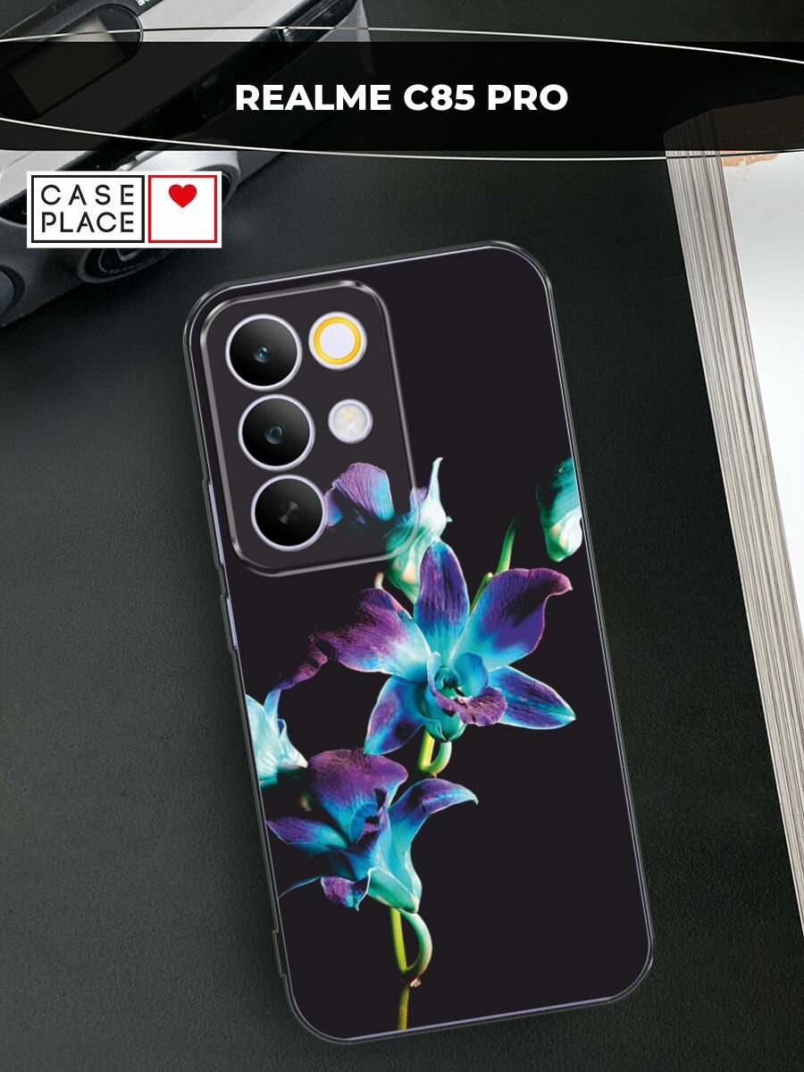Чехол на Realme C85 Pro / Реалми C85 Про с принтом Синий цветок на черном