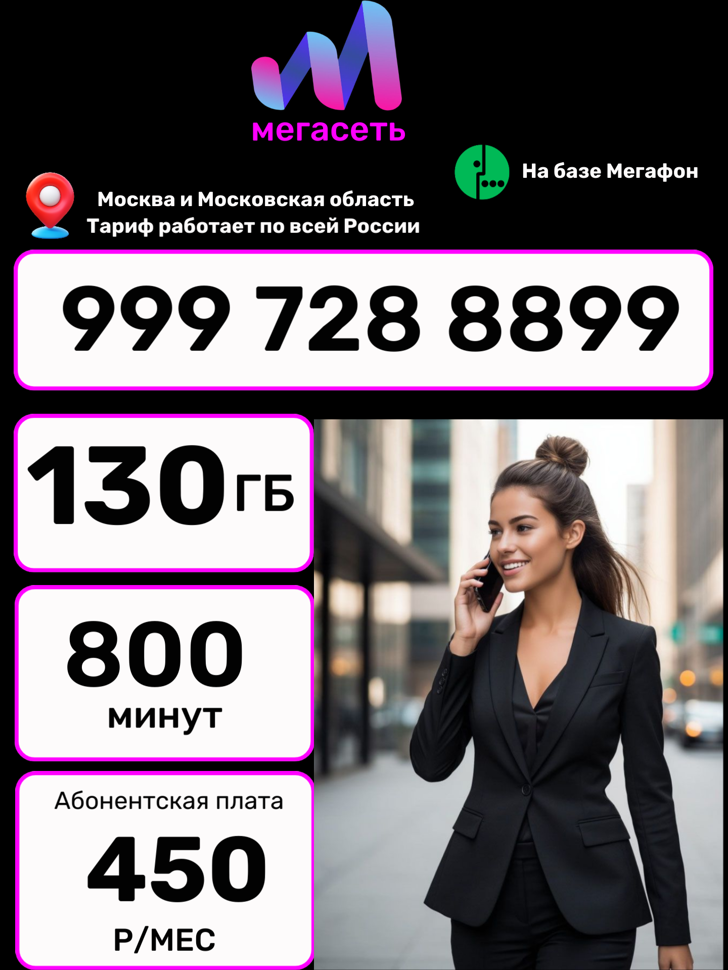 SIM-карта Красивый номер телефона Мегасеть, 800 мин, 130 Гб, 450 р/мес