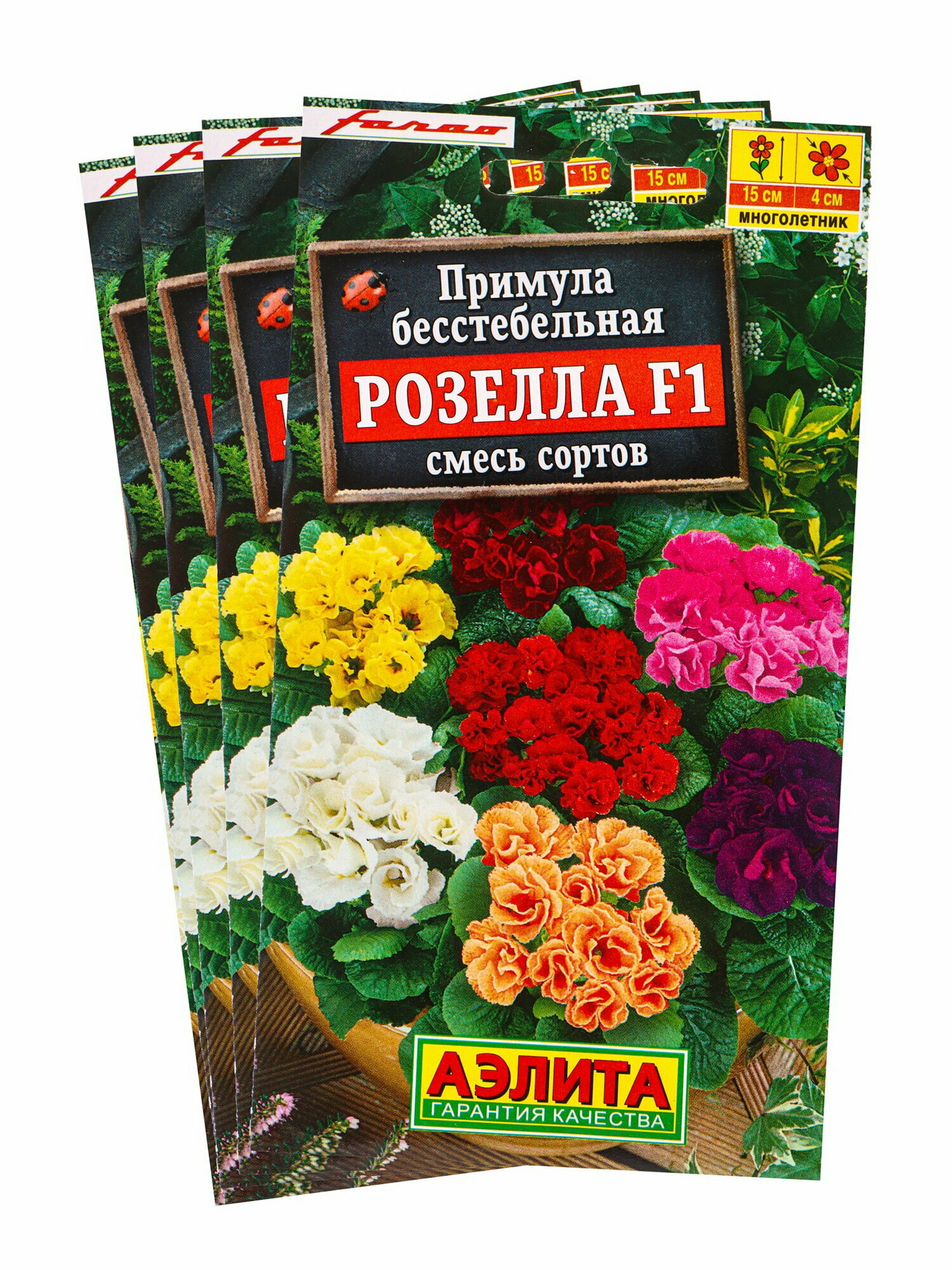 Набор семян Примула "Розелла", смесь окрасок, F1, 4 шт, размер упаковки: 8 x 0.5 x 15 см.