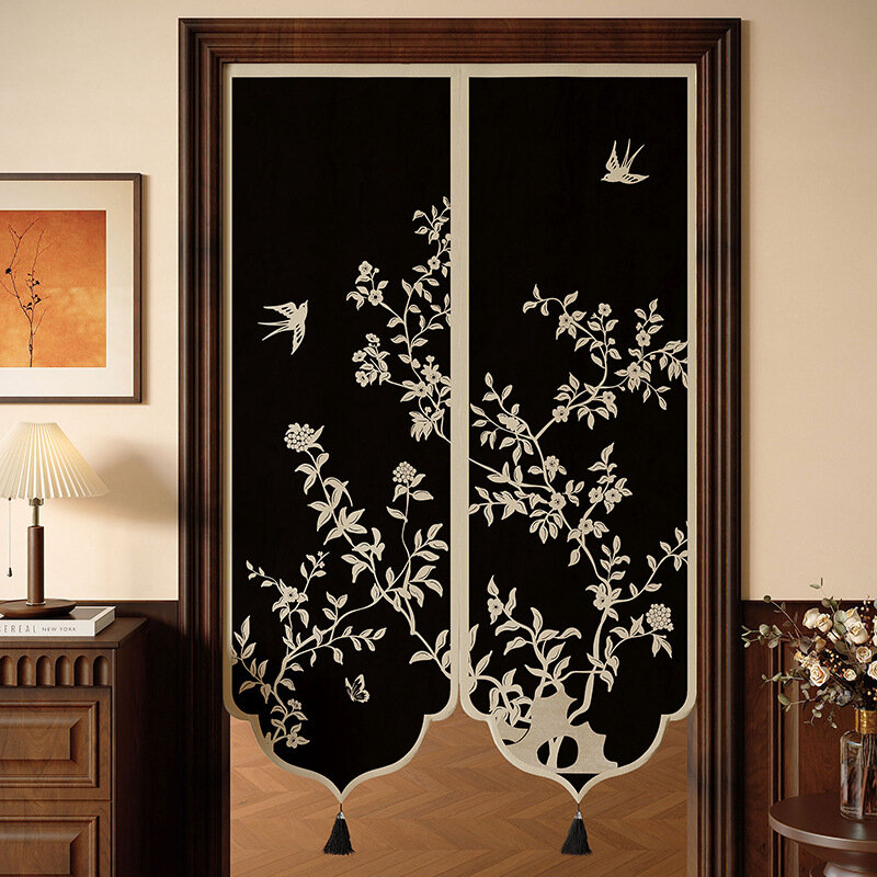 Занавеска для двери в новом китайском стиле, секционная с карнизом, без сверления, с принтом бамбукового птичьего стиля, перегородка