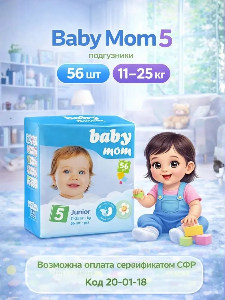 Подгузники детские Baby Mom 5/XL (Junior), 11-25 кг, 56 шт