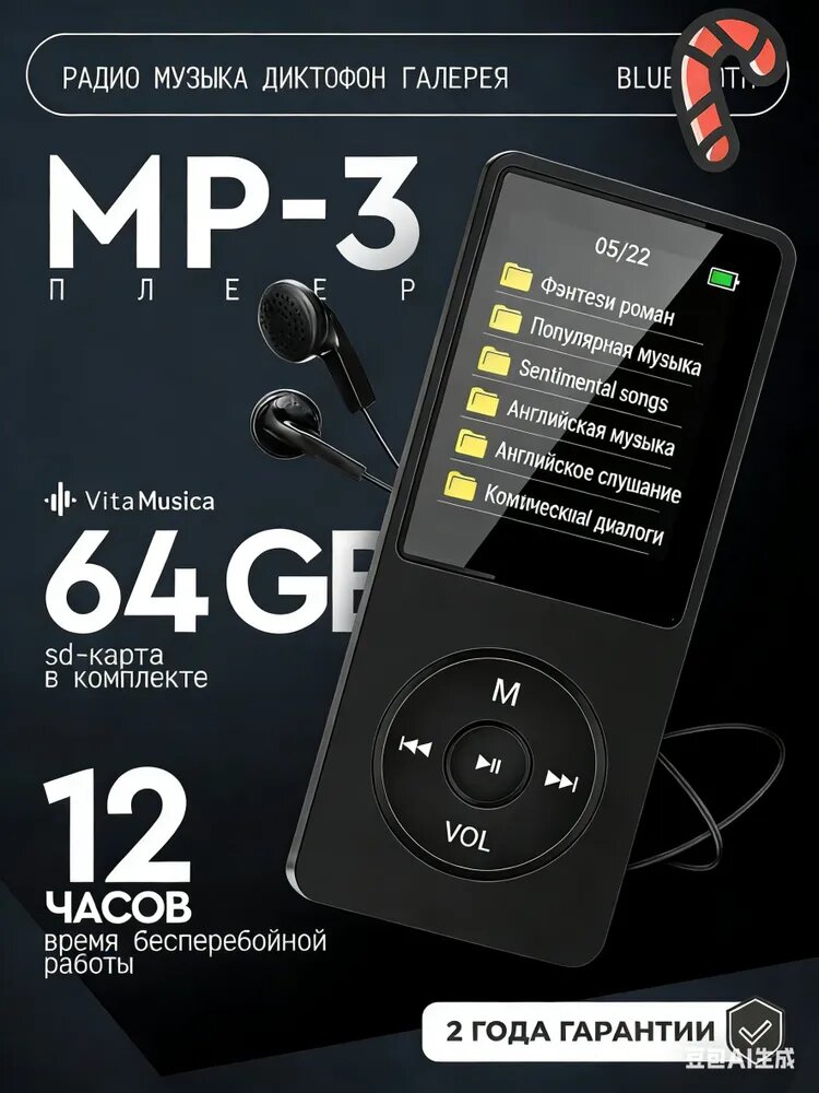 MP3-плеер 64 ГБ, черный, серебристый