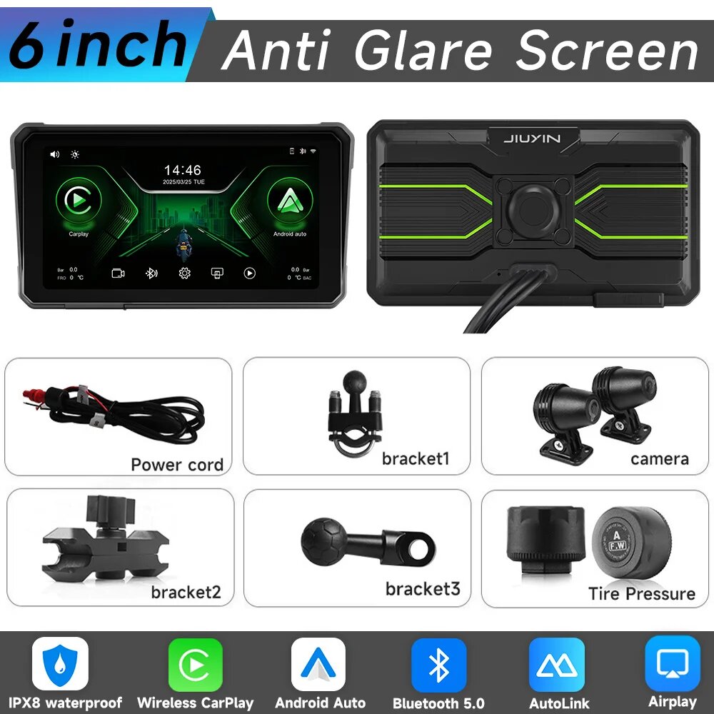 6-дюймовый 2K HD мотоциклетный GPS-навигатор Беспроводной Carplay Android Auto DVR Drive Recorder Монитор WIFI IPX8 Водонепроницаемый