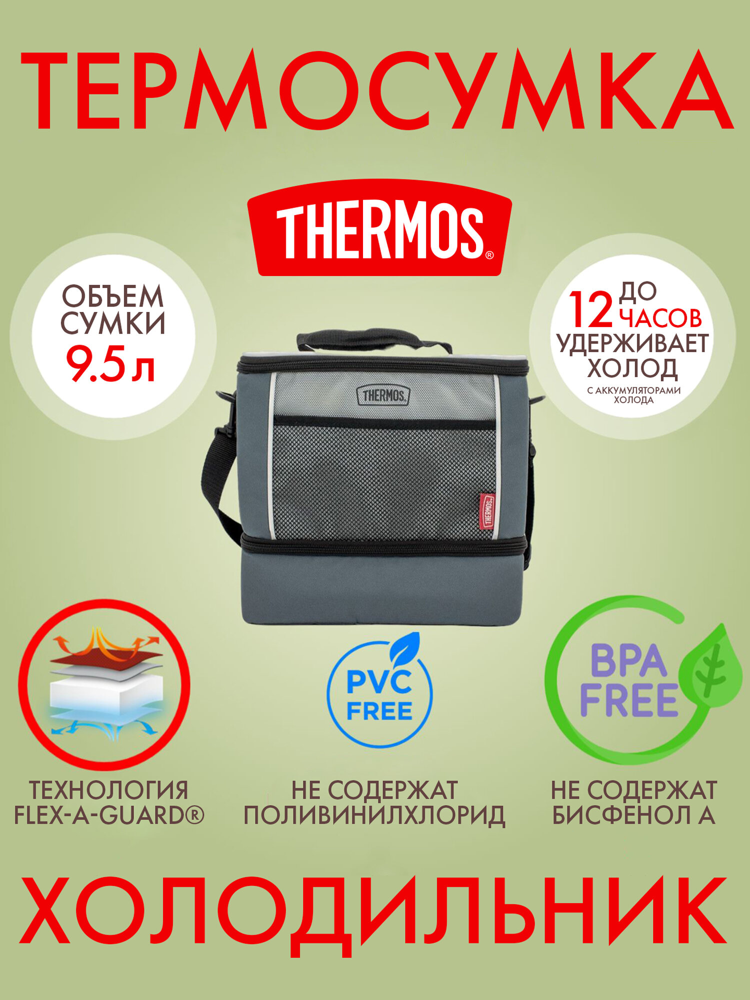 Термосумка холодильник 9.5 л THERMOS E5 12 Can Cooler DUAL LUNCH BOX - для еды/ланч-боксов