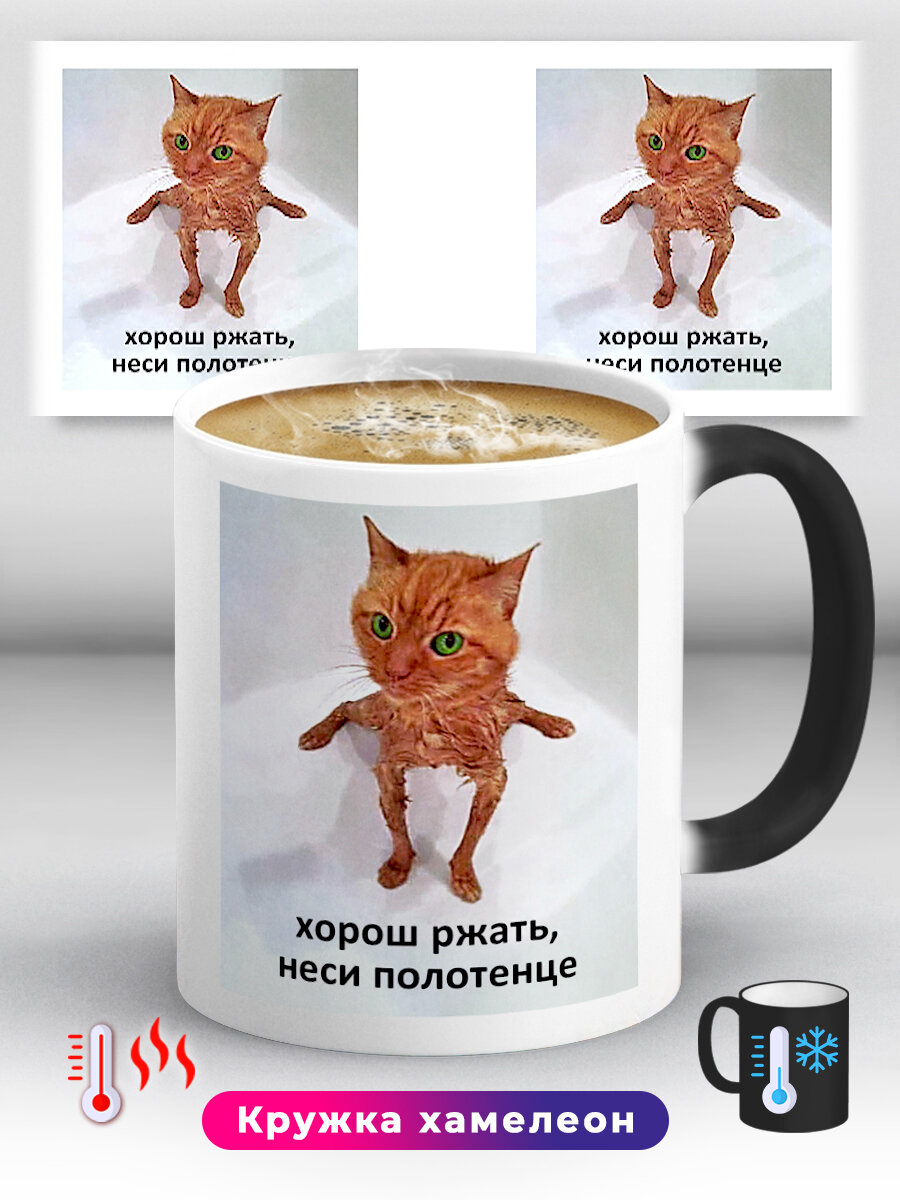 Кружка хамелеон прикол мем кот Харош ржать, неси полотенце