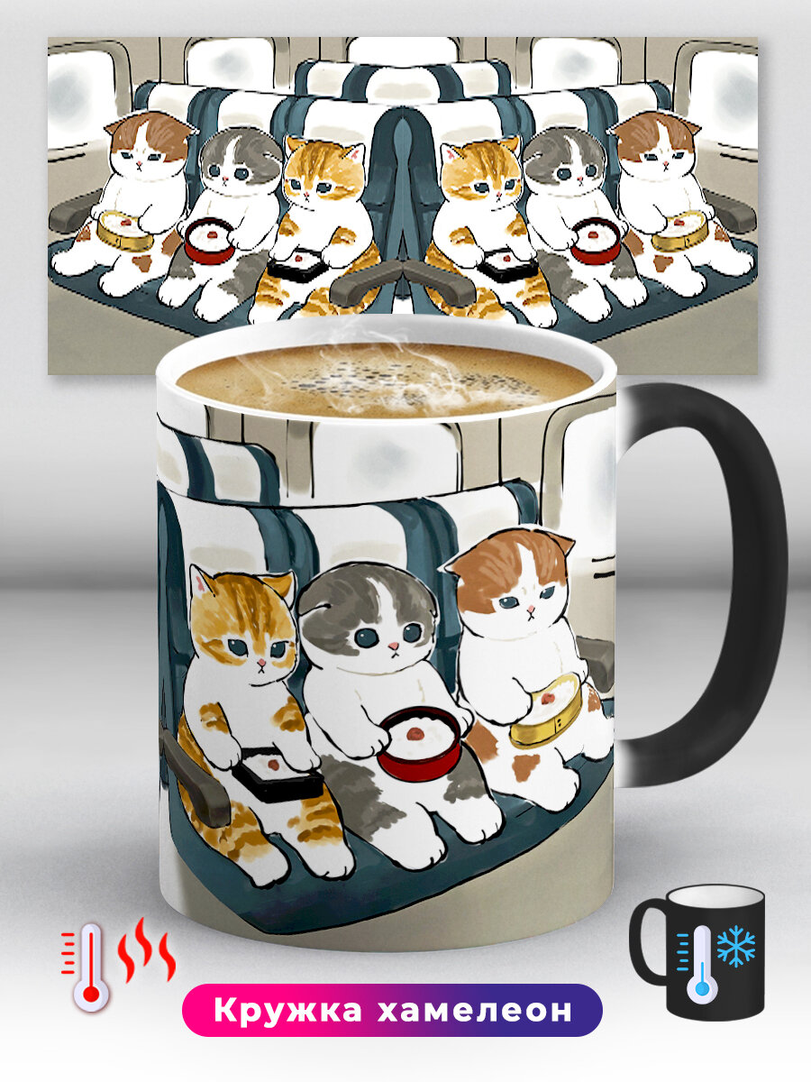Кружка хамелеон мем прикол Котики сидят в самолете с рисом