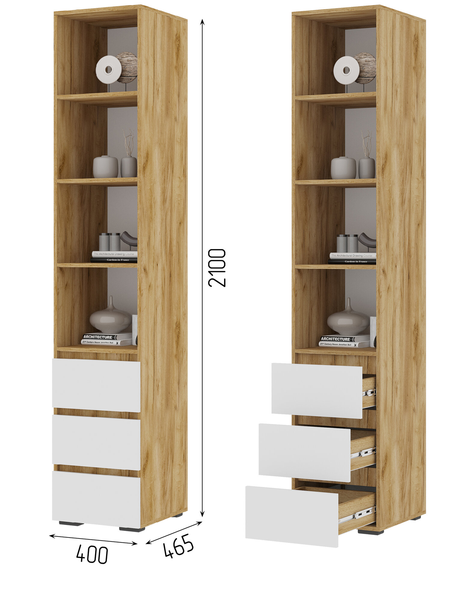 Пенал Хелен открытый ПН-02 с выдвижными ящиками (0,400х2,100х0,460) цвет Дуб крафт золото - Белый Стендмебель