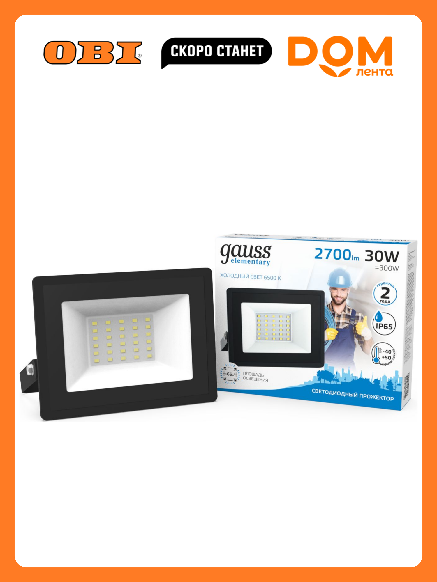 Прожектор светодиодный Gauss Elementary G2 30W 2700lm IP65 6500К черный