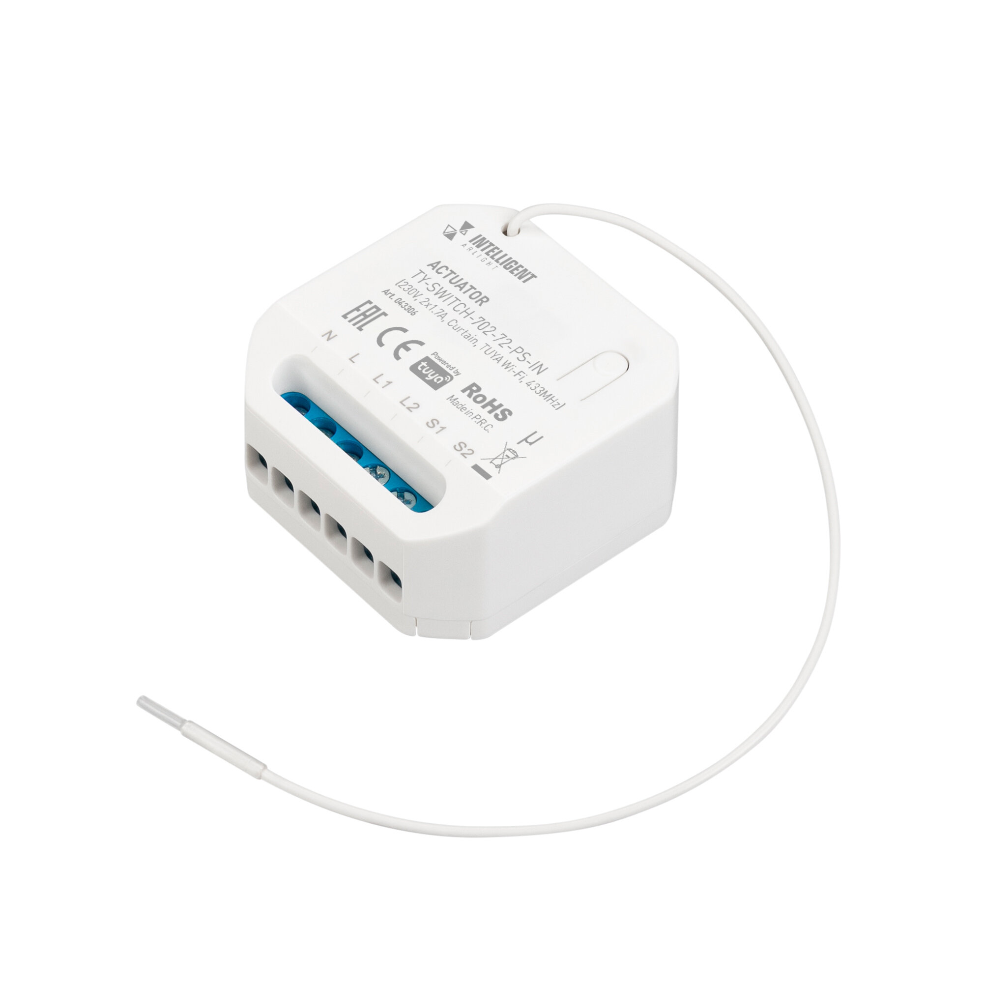 Релейный модуль Arlight INTELLIGENT ARLIGHT Актуатор TY-SWITCH-702-72-PS-IN (230V, 2x1.7A, Curtain, TUYA Wi-Fi, 433MHz) (IARL, IP20 Пластик, 3 года)