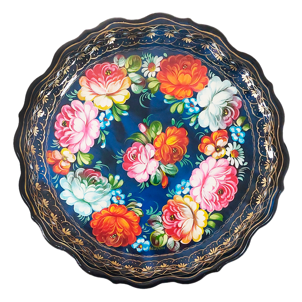 Поднос металлический, круглый "Разноцветные пионы", жостово 37 см, (Ручная роспись)