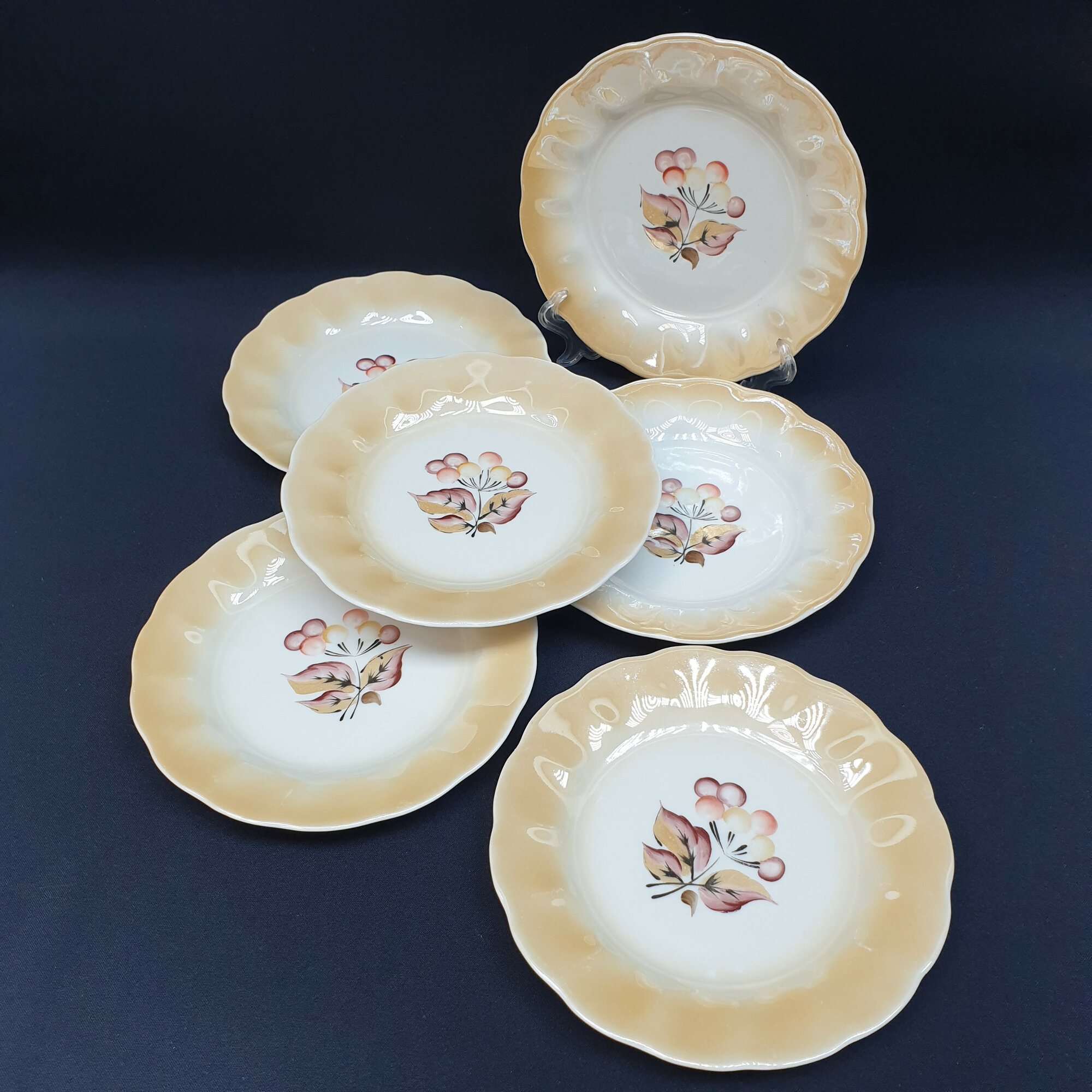 Набор десертных тарелок 6 шт Коростень, фарфор, крытье, роспись. Винтаж СССР