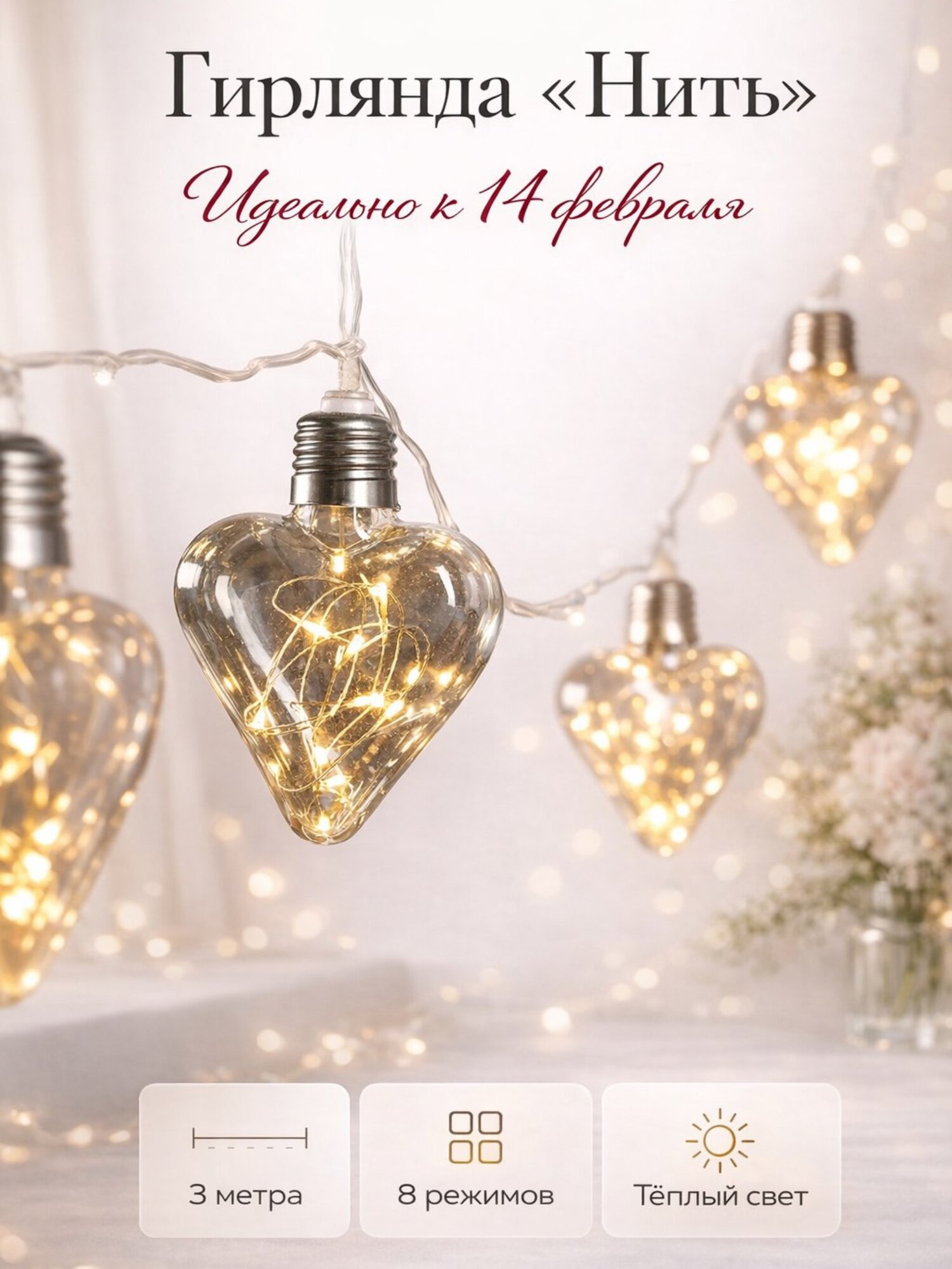 Гирлянда Luazon Lighting "Нить", с насадками "Лампочки сердца", 3м