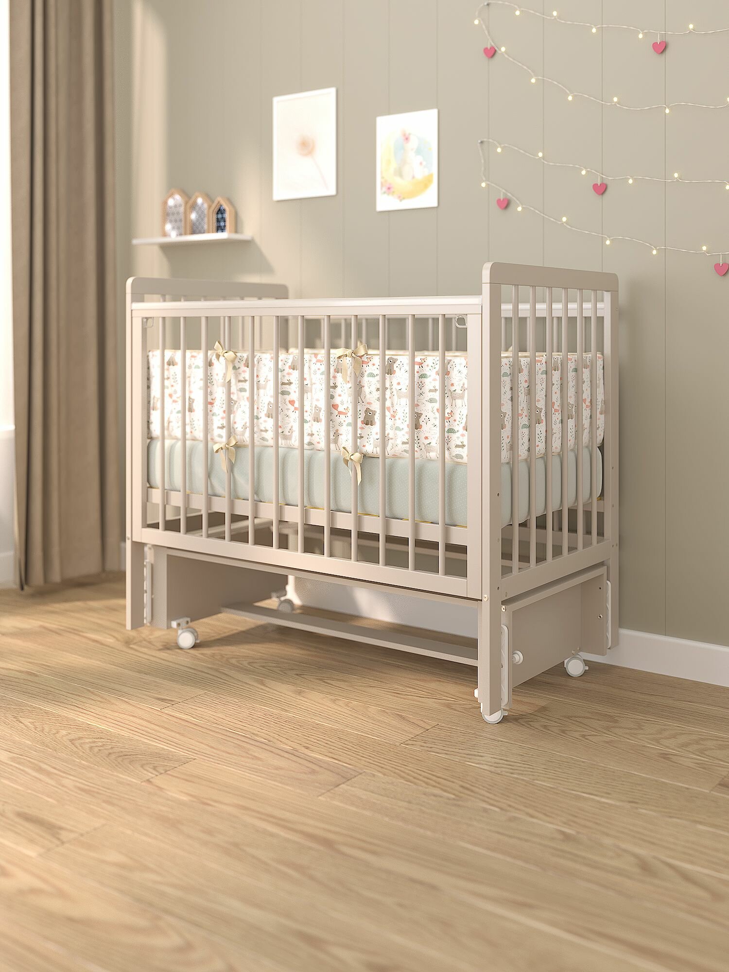 Приставная детская кроватка с маятником и колёсами для новорожденного из массива берёзы, Ariel-06, 120х60, Кашемир