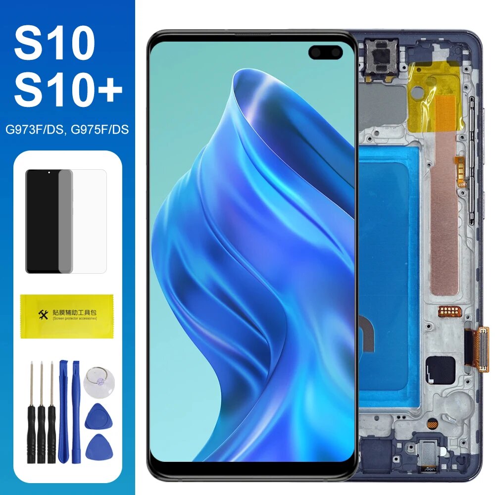 S10 S10 + TFT ЖК-дисплей, дигитайзер сенсорного экрана с рамкой для Samsung Galaxy S10 G973F/DS S10 + G975F/DS, замена экрана