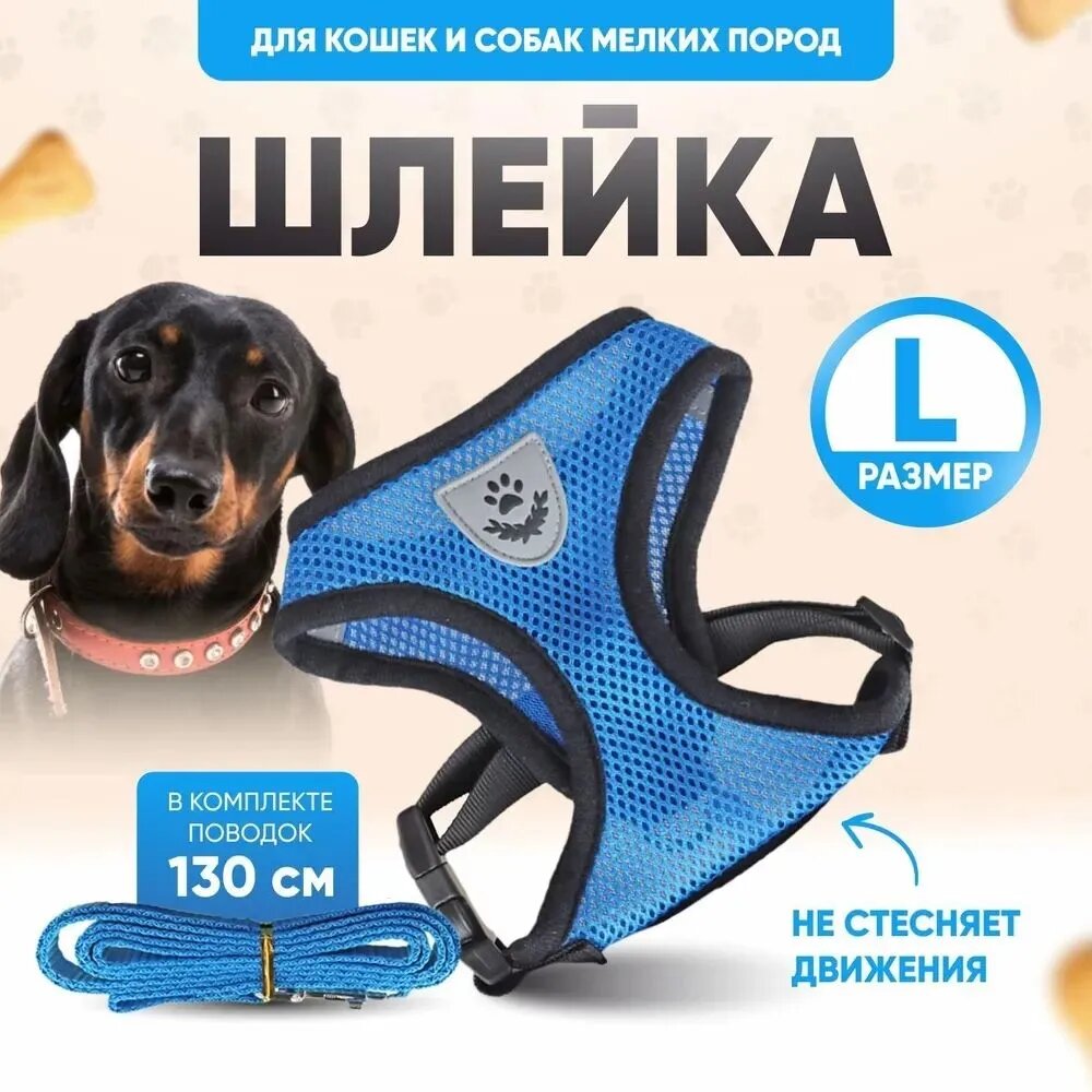 Шлейка для кошек и собак с поводком длиной 1.2М, Дышащая светоотражающая шлейка для собак
