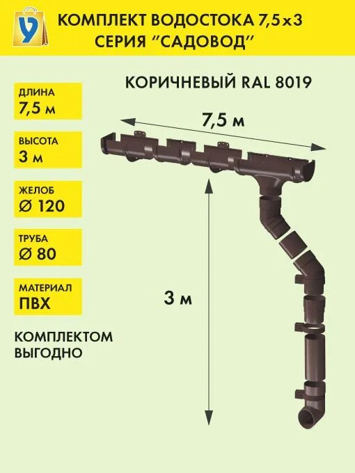 Водосток садовод коричневый 7,5х3 / Комплект водосточной системы для крыши дома ПВХ 120/80