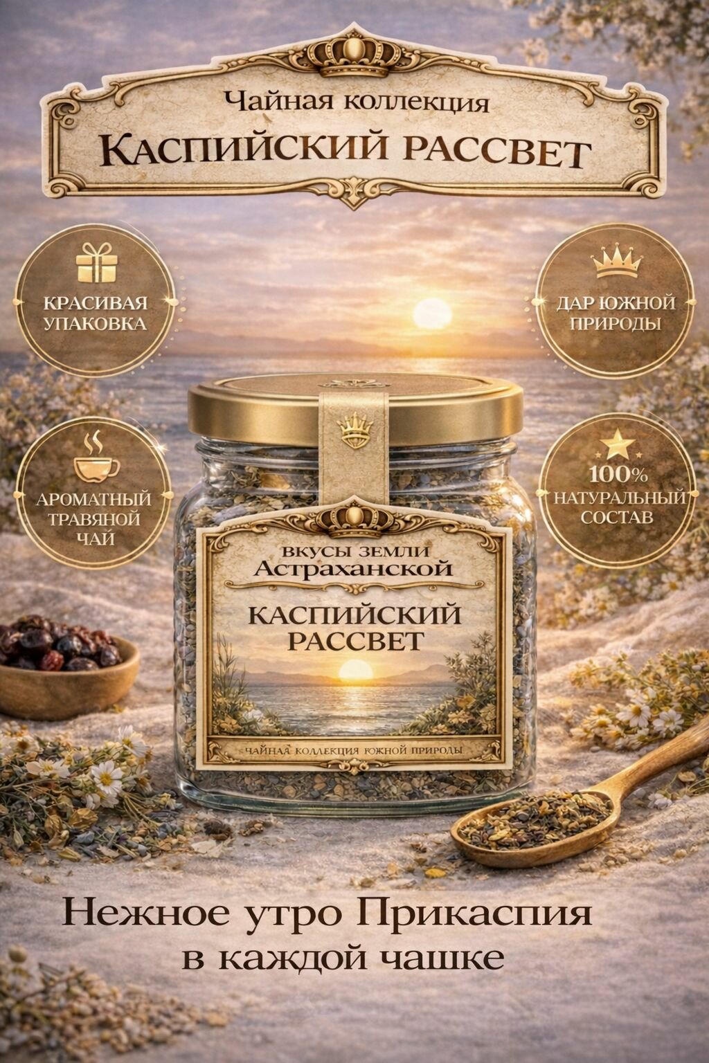 Травяной чай "Каспийский Рассвет" Южный Форпост, иван-чай/яблоко/шиповник/душица/чабрец/календула