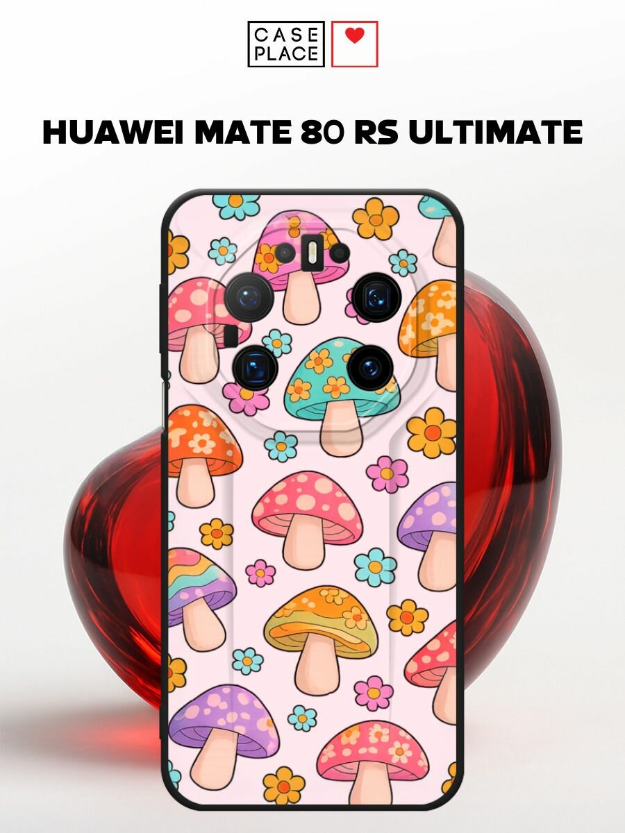 Черный матовый чехол на Huawei Mate 80 RS Ultimate / Хуавей Мейт 80 РС Ультимейт с принтом Цветочный грибной узор