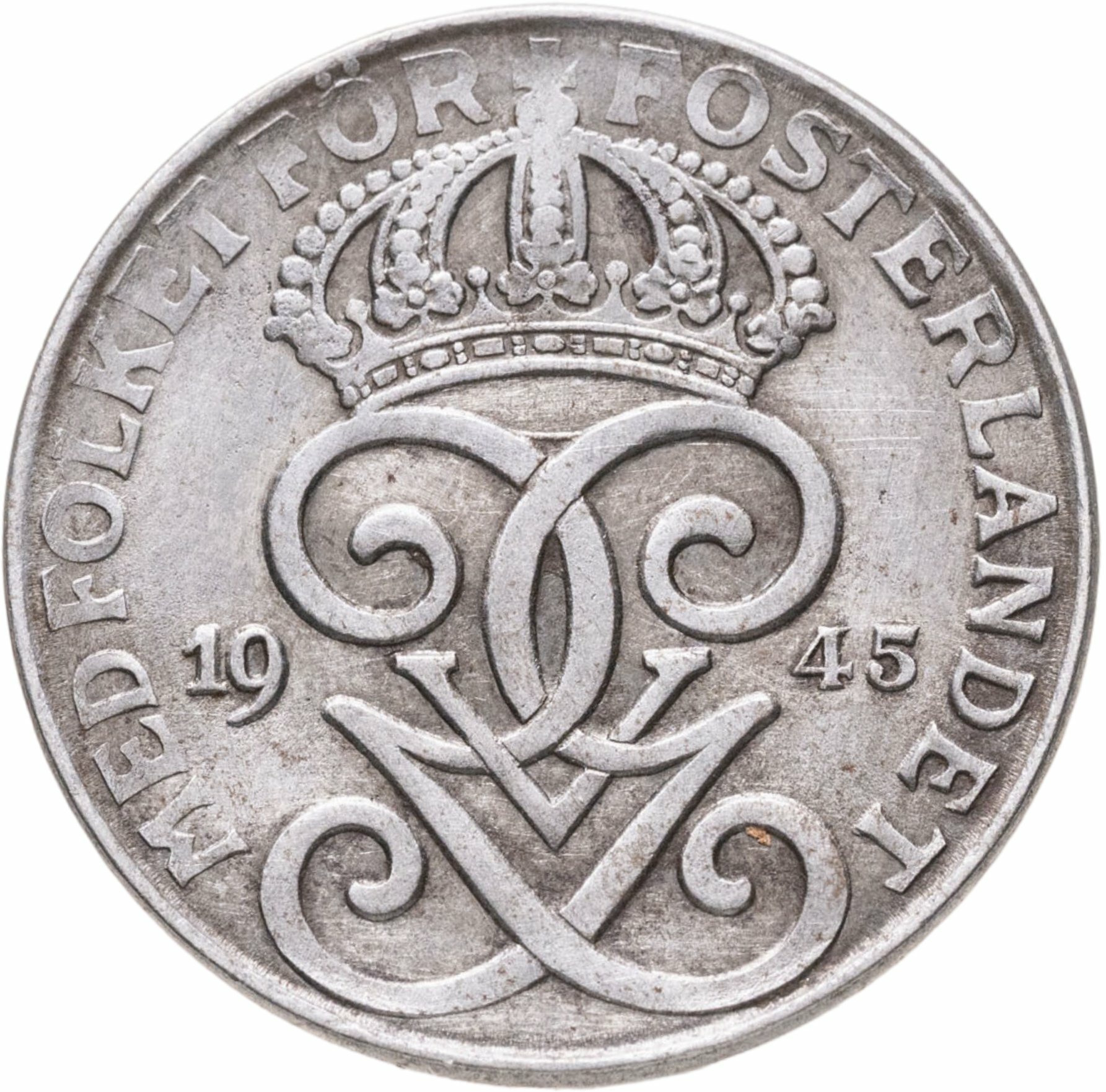 Швеция 2 эре ore 1945, Сталь, в сохранности VF-XF