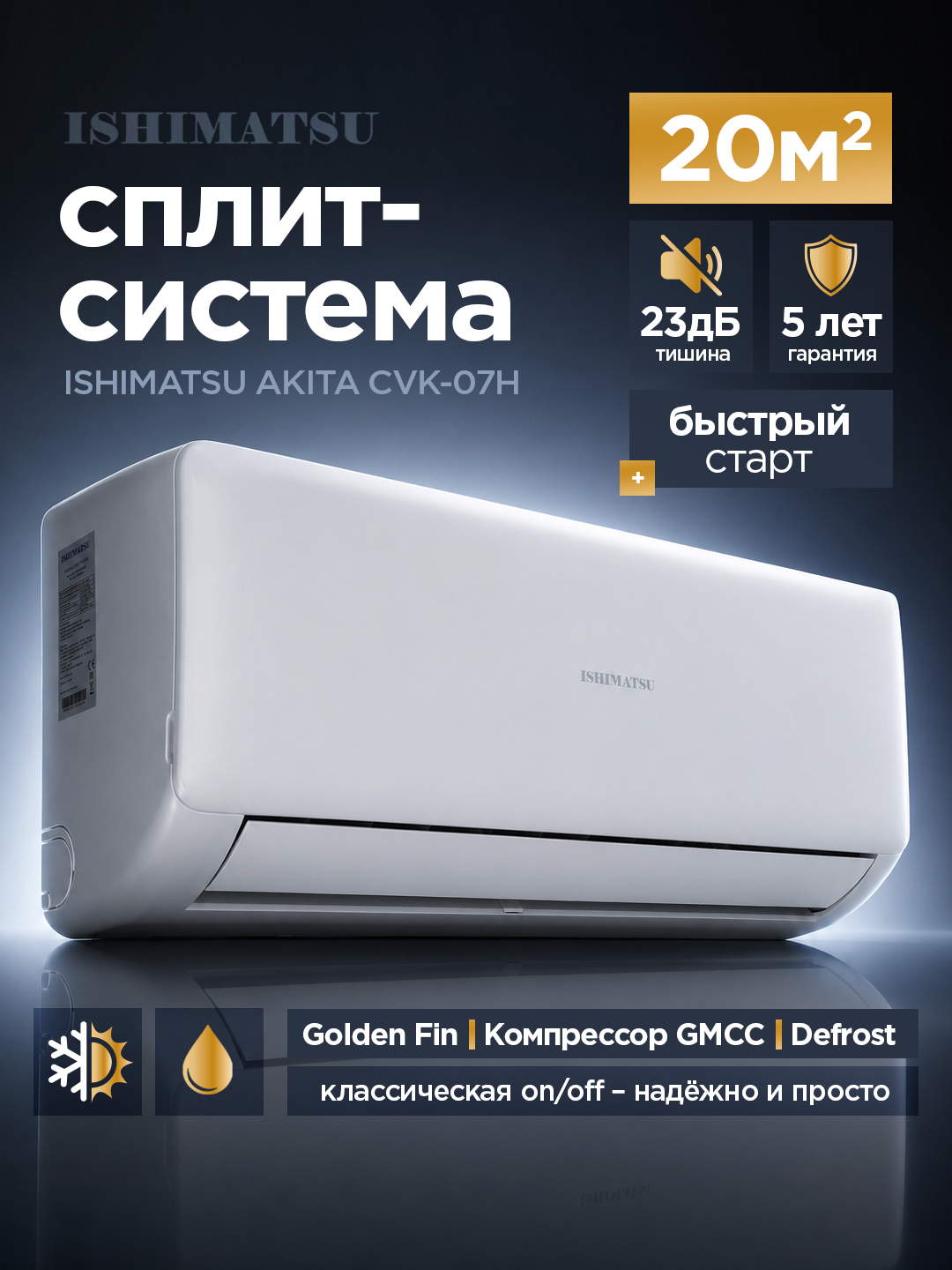 Сплит система кондиционер 07 ISHIMATSU CVK-07H, A-класс, 20–27 м². Японский компрессор. Гарантия: 5 лет.