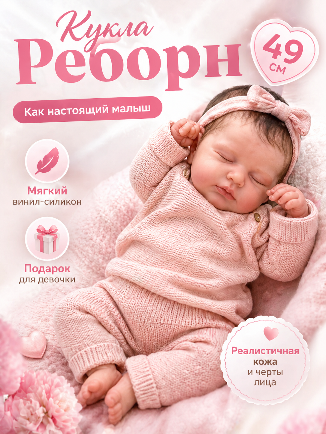 Кукла реборн 49 см, реалистичный младенец для сюжетных игр