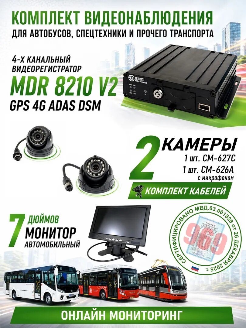 Комплект видеонаблюдения 2 камеры с монитором 7" для онлайн мониторинга c ADAS и DSM в автобусы и грузовые автомобили сертифицировано по ПП 969